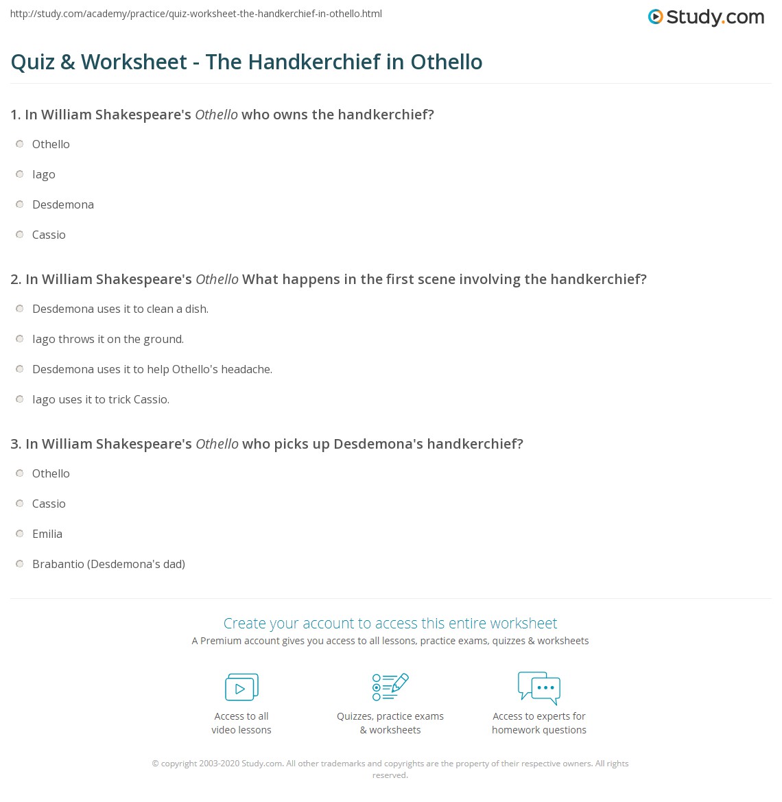 Quiz & Worksheet - The Handkerchief in Othello | Study.com