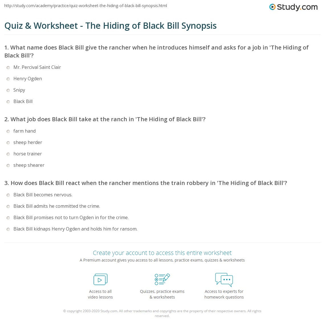 Quiz & Worksheet - The Hiding of Black Bill Synopsis | Study.com