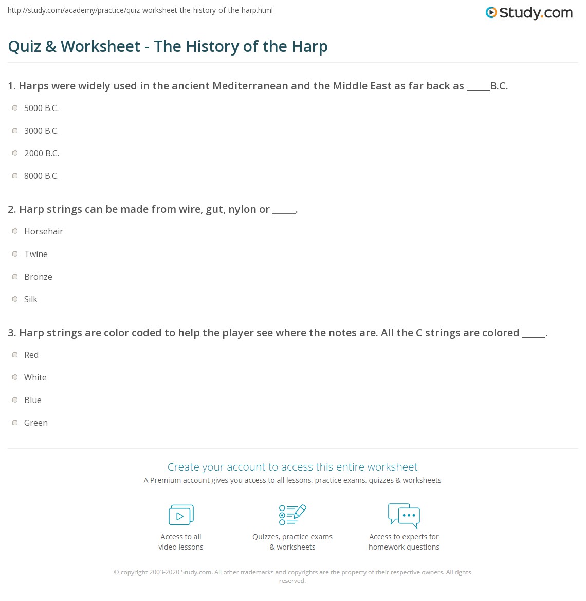 Quiz & Worksheet - The History of the Harp | Study.com