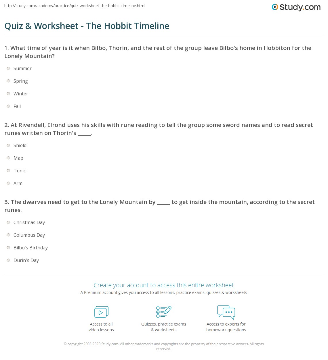 Quiz & Worksheet - The Hobbit Timeline | Study.com