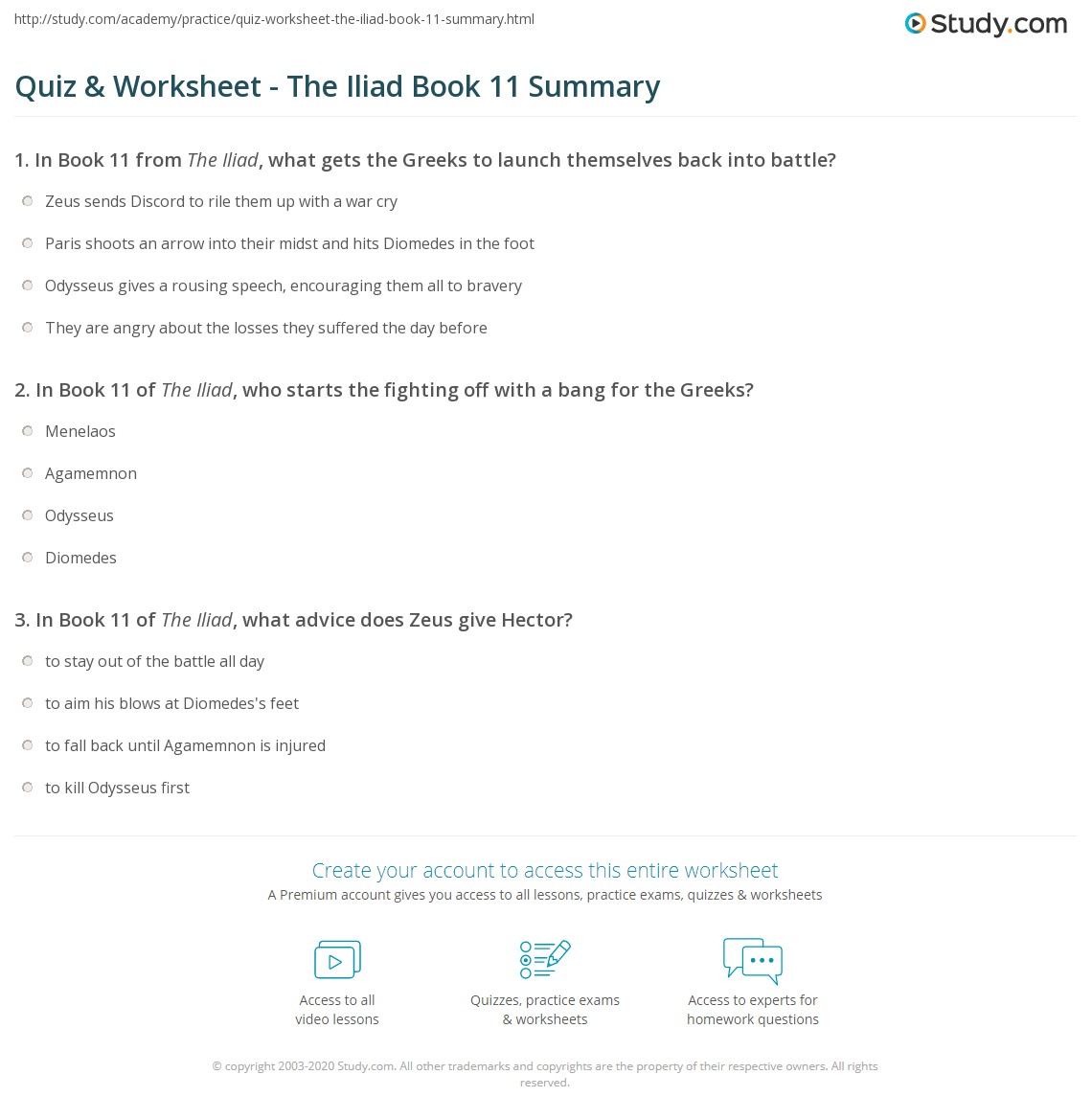Quiz & Worksheet - The Iliad Book 11 Summary | Study.com