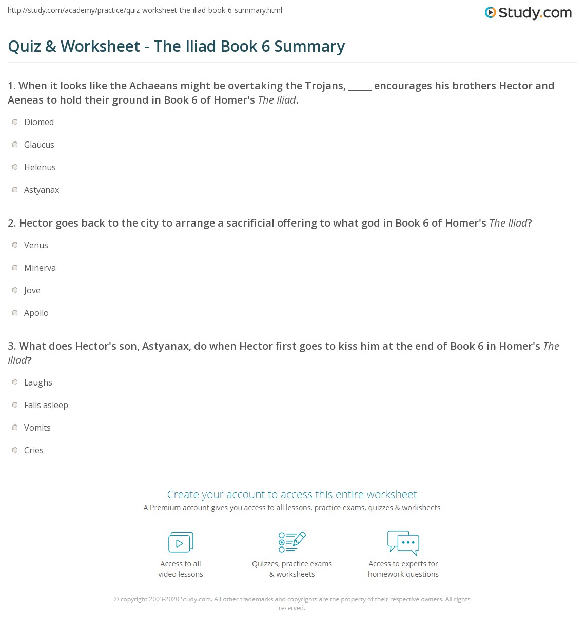 Quiz & Worksheet - The Iliad Book 6 Summary | Study.com