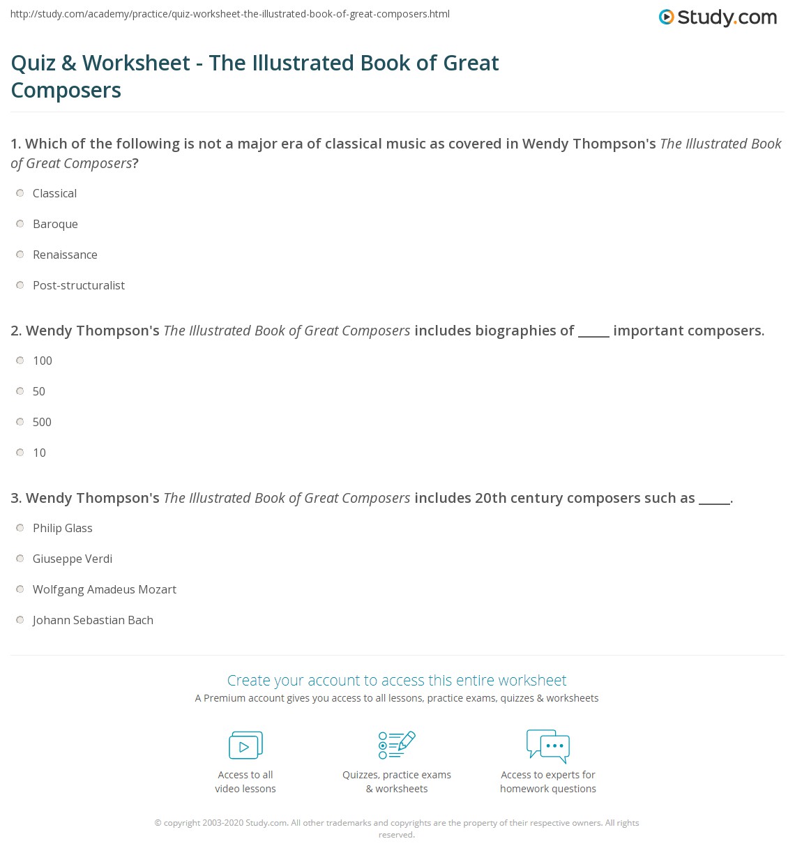 Quiz & Worksheet - The Illustrated Book of Great Composers | Study.com