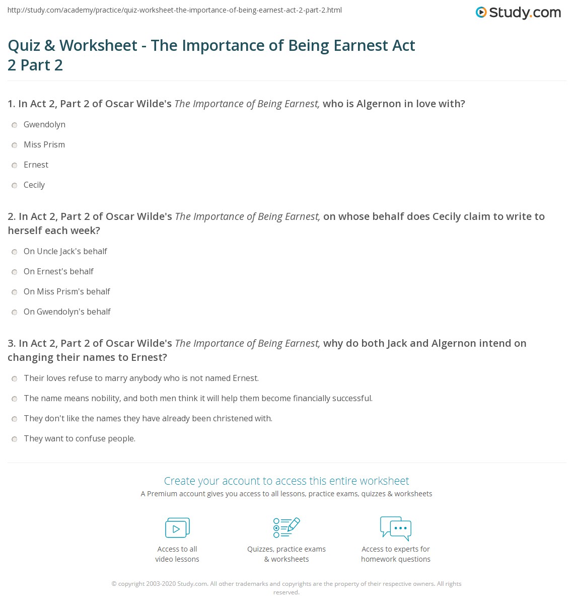Quiz & Worksheet - The Importance of Being Earnest Act 2 Part 2 | Study.com