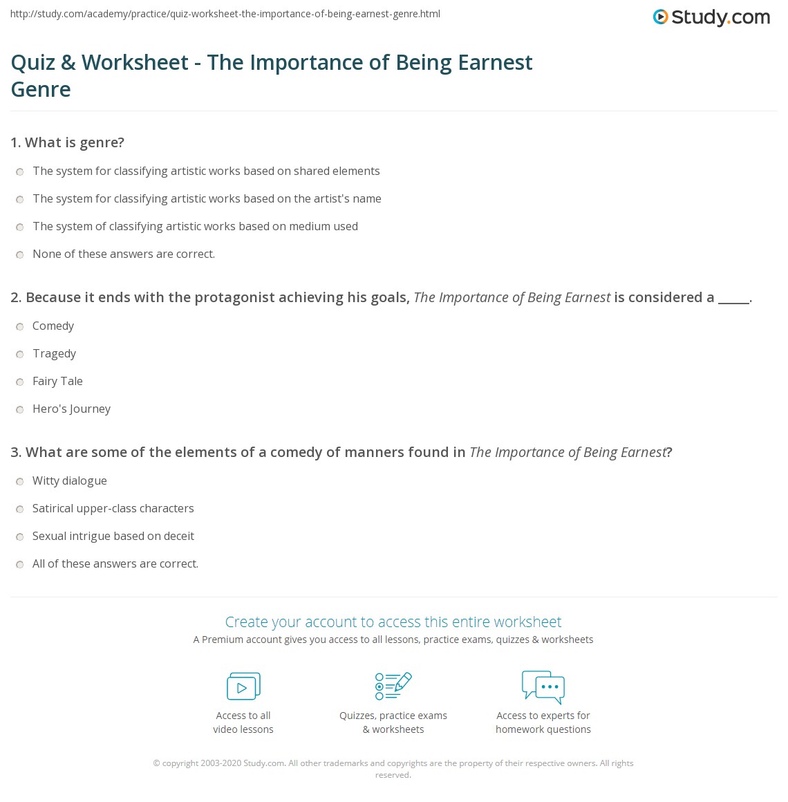 Quiz & Worksheet - The Importance of Being Earnest Genre | Study.com