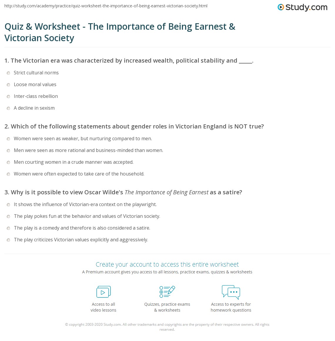 Quiz & Worksheet - The Importance of Being Earnest & Victorian Society ...