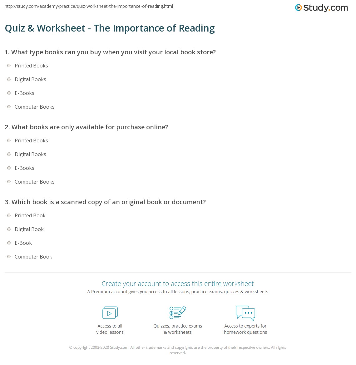 Quiz & Worksheet - The Importance of Reading | Study.com