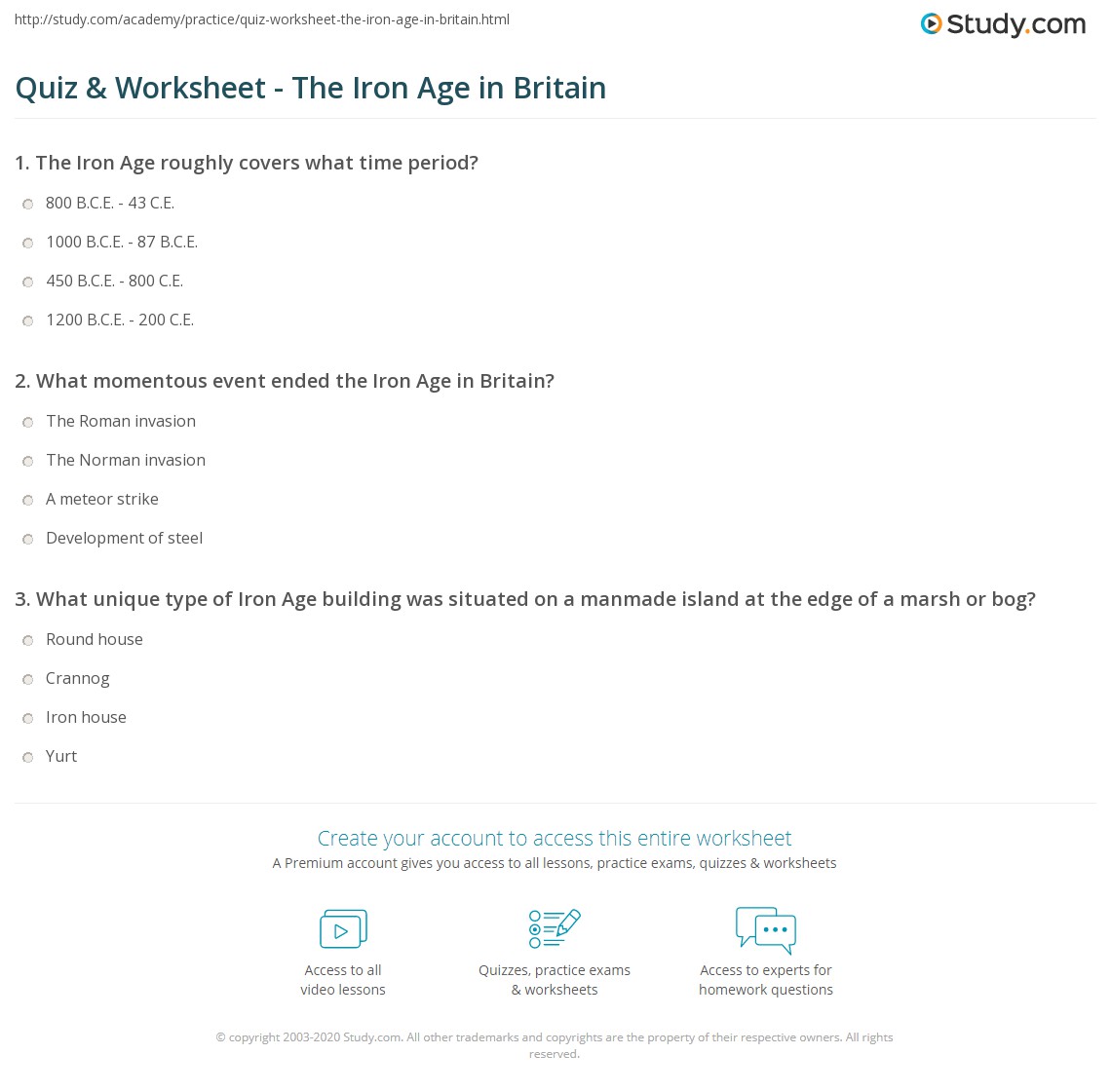 Quiz & Worksheet - The Iron Age in Britain | Study.com