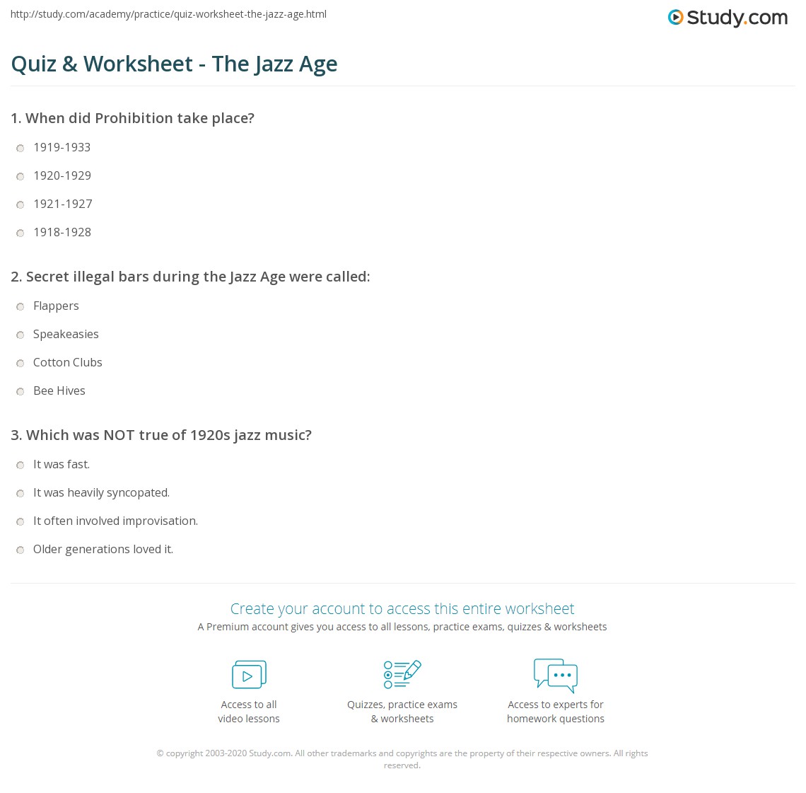 Quiz & Worksheet - The Jazz Age | Study.com