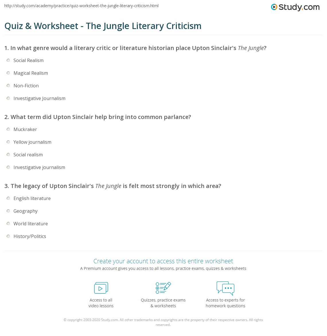 Quiz & Worksheet - The Jungle Literary Criticism | Study.com