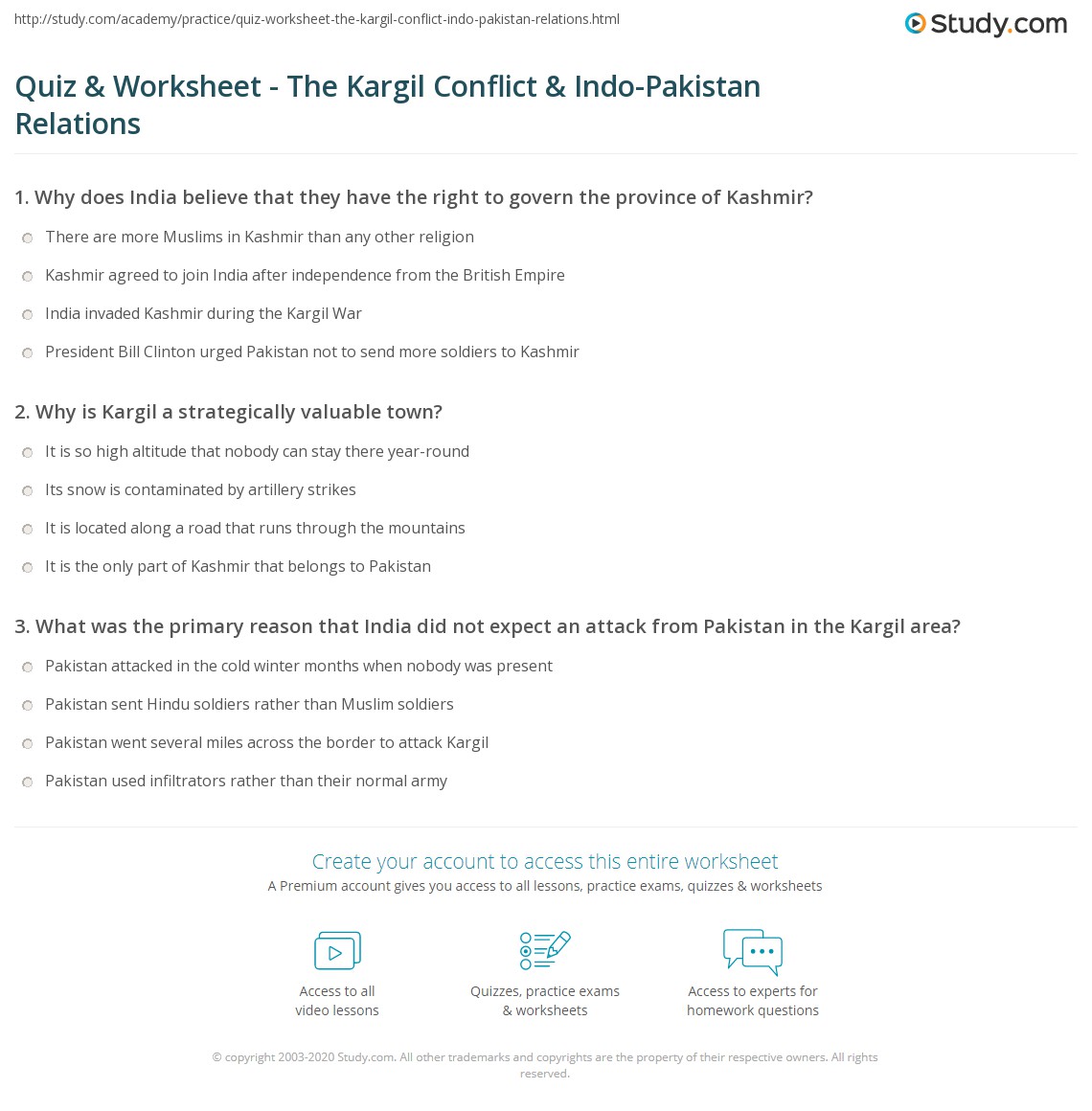 Quiz & Worksheet - The Kargil Conflict & Indo-Pakistan Relations ...