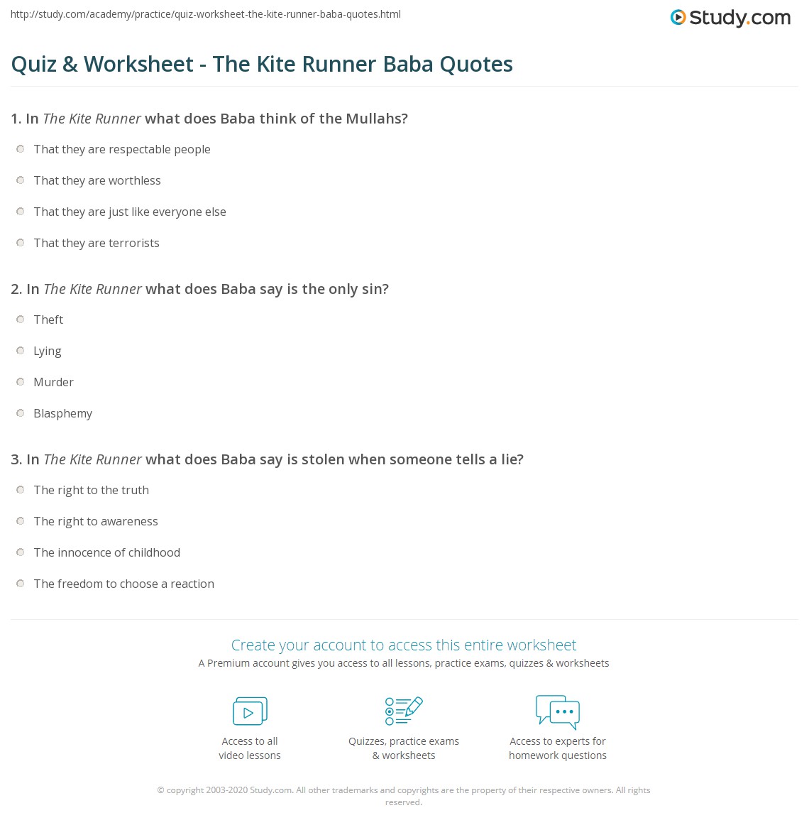 Quiz & Worksheet - The Kite Runner Baba Quotes | Study.com