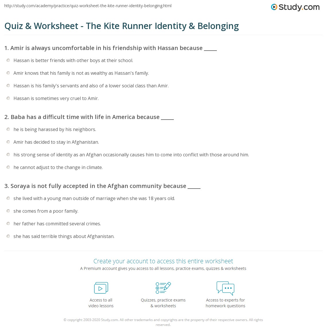 Quiz & Worksheet - The Kite Runner Identity & Belonging | Study.com