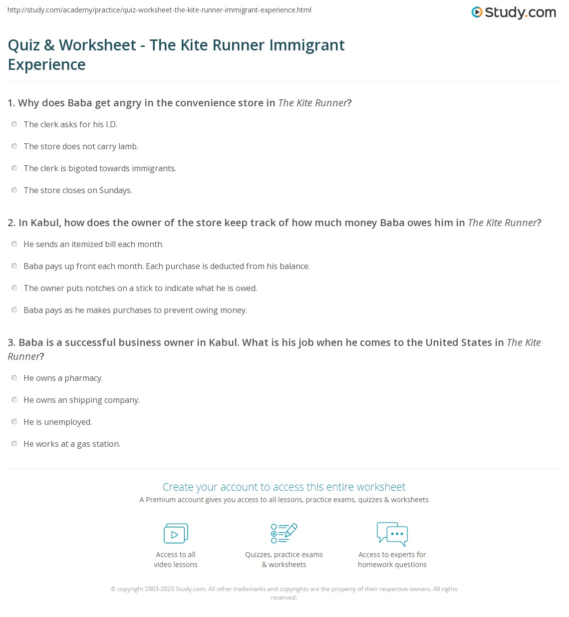 Quiz & Worksheet - The Kite Runner Immigrant Experience | Study.com