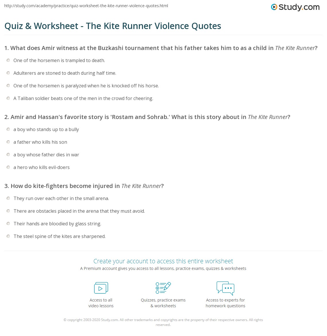 Quiz & Worksheet - The Kite Runner Violence Quotes | Study.com