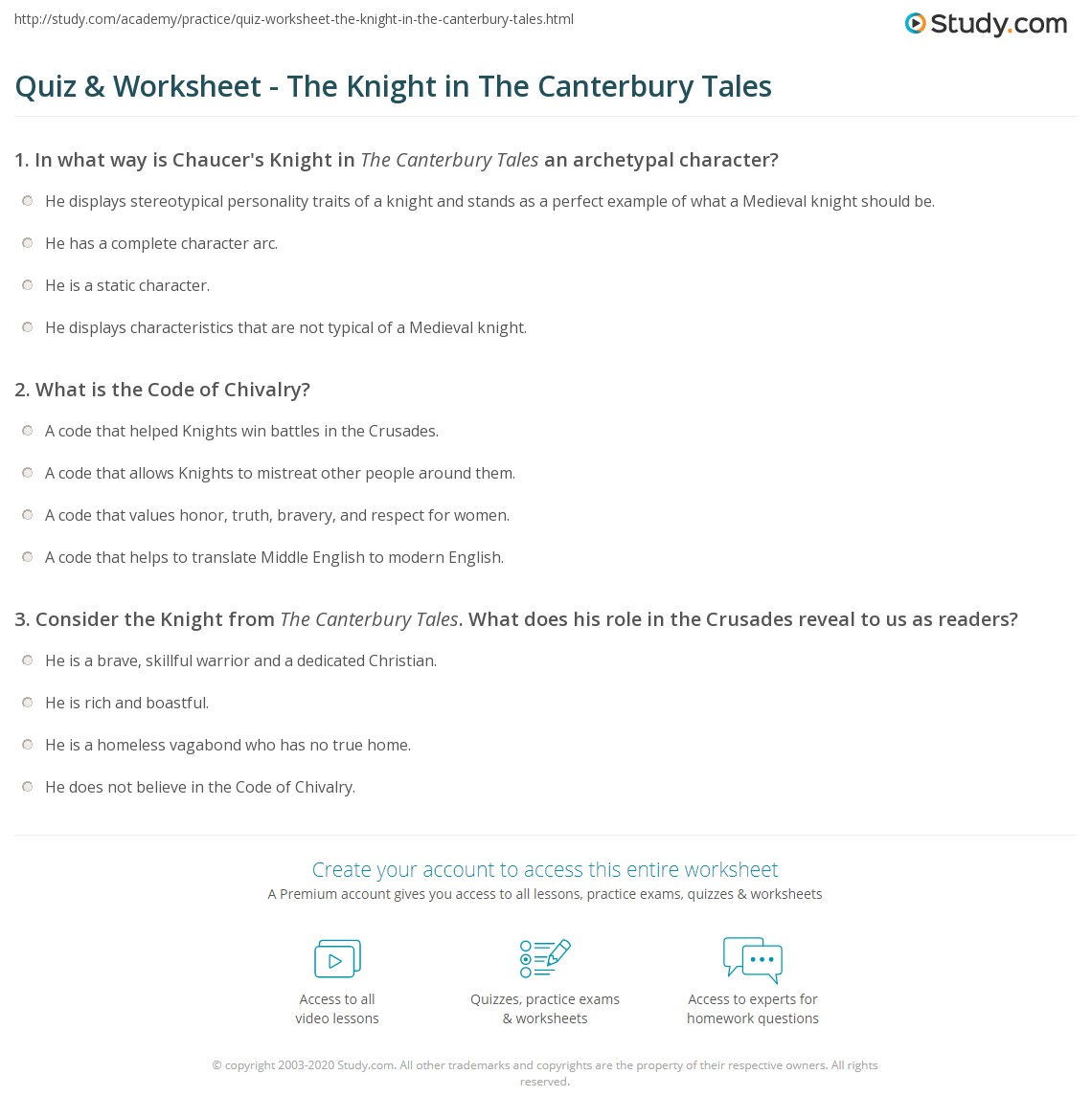 Quiz & Worksheet - The Knight in The Canterbury Tales | Study.com