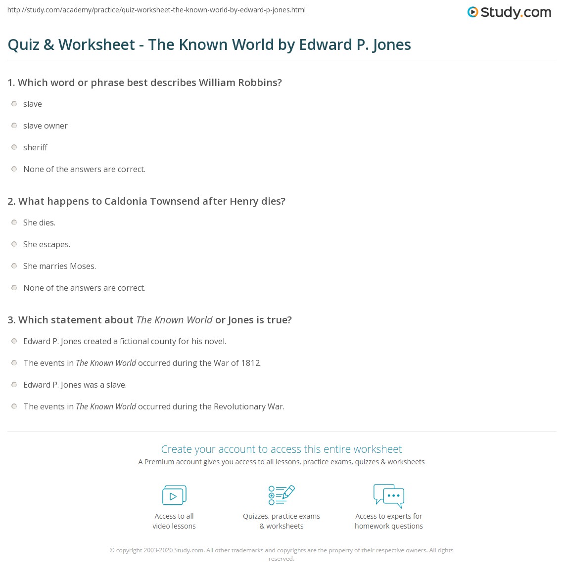 Quiz & Worksheet - The Known World by Edward P. Jones | Study.com