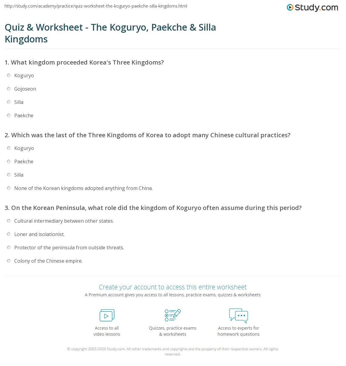 Quiz & Worksheet - The Koguryo, Paekche & Silla Kingdoms | Study.com