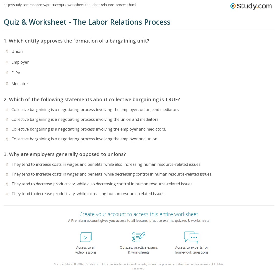 Quiz & Worksheet - The Labor Relations Process | Study.com