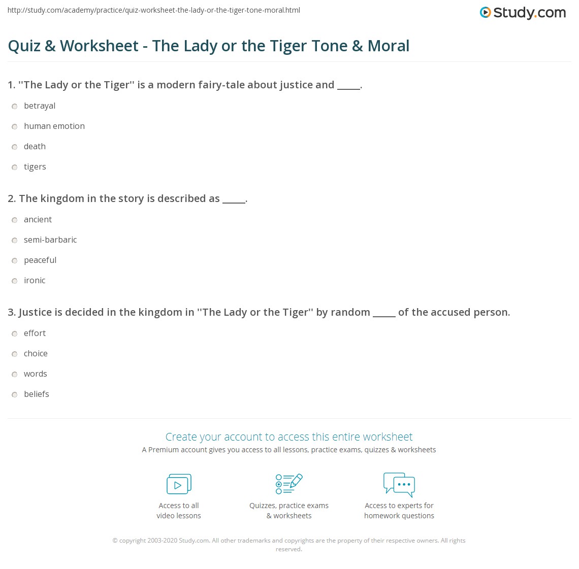 Quiz & Worksheet - The Lady or the Tiger Tone & Moral | Study.com