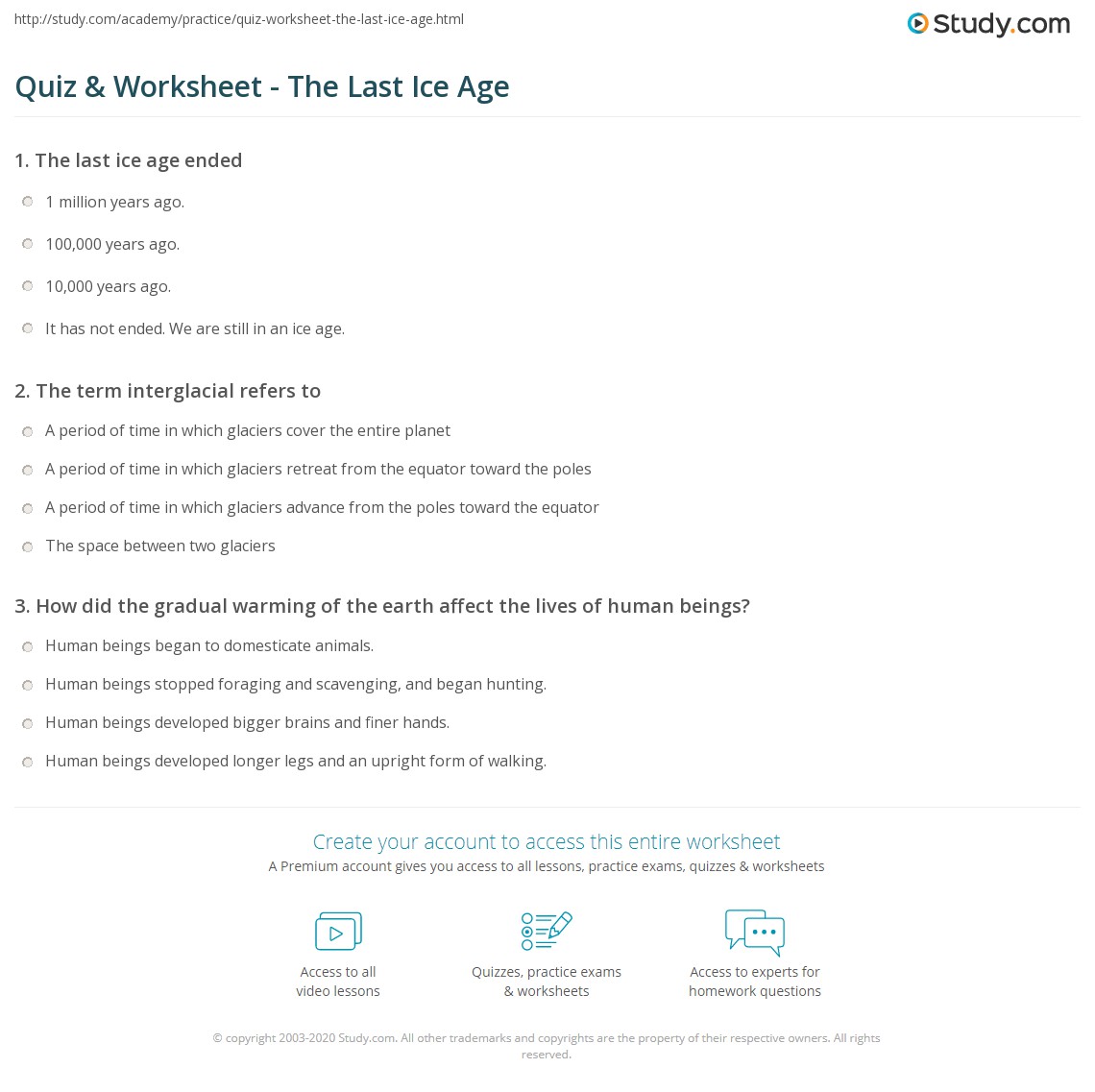 Quiz & Worksheet - The Last Ice Age | Study.com