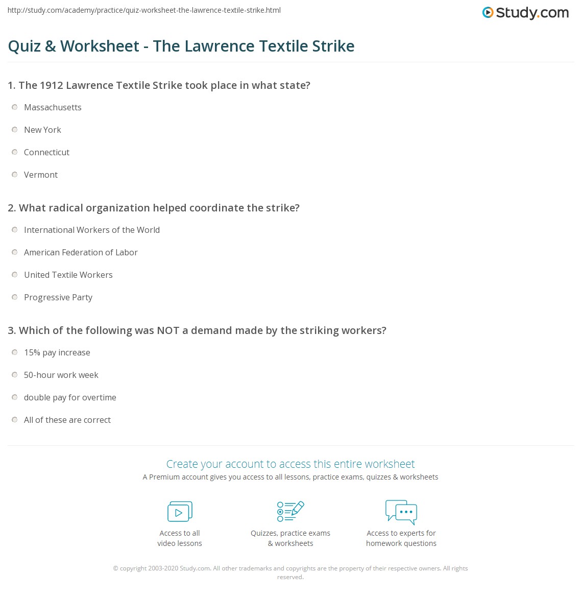 Quiz & Worksheet - The Lawrence Textile Strike | Study.com