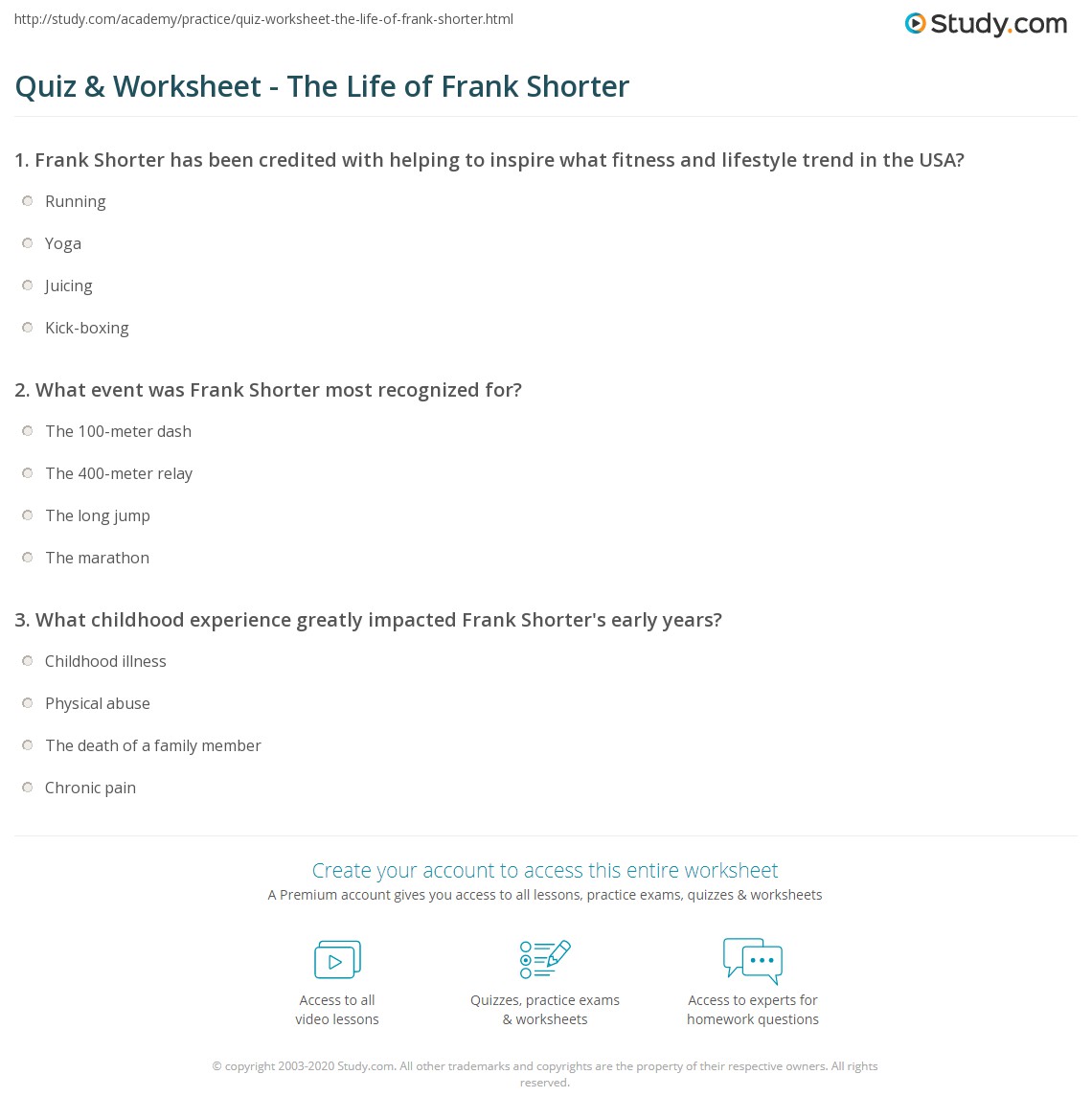Quiz & Worksheet - The Life of Frank Shorter | Study.com