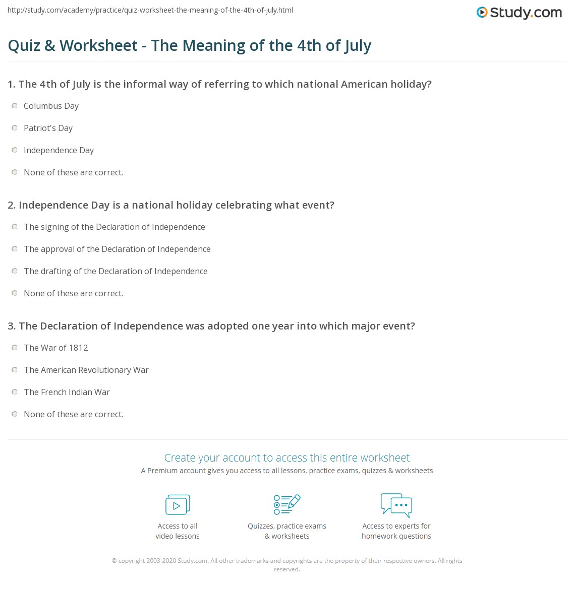 Quiz & Worksheet - The Meaning of the 4th of July | Study.com