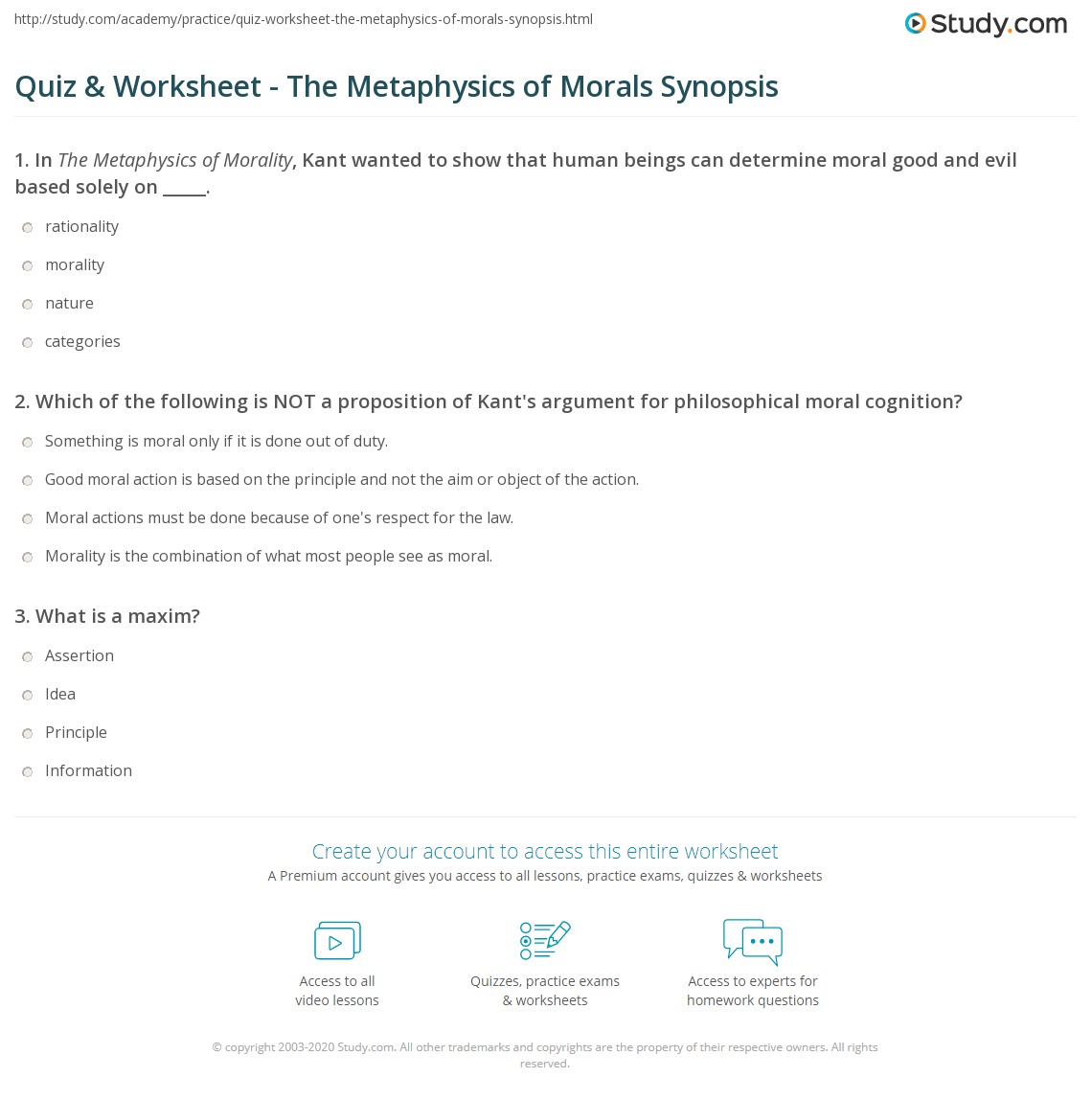Quiz & Worksheet - The Metaphysics of Morals Synopsis | Study.com