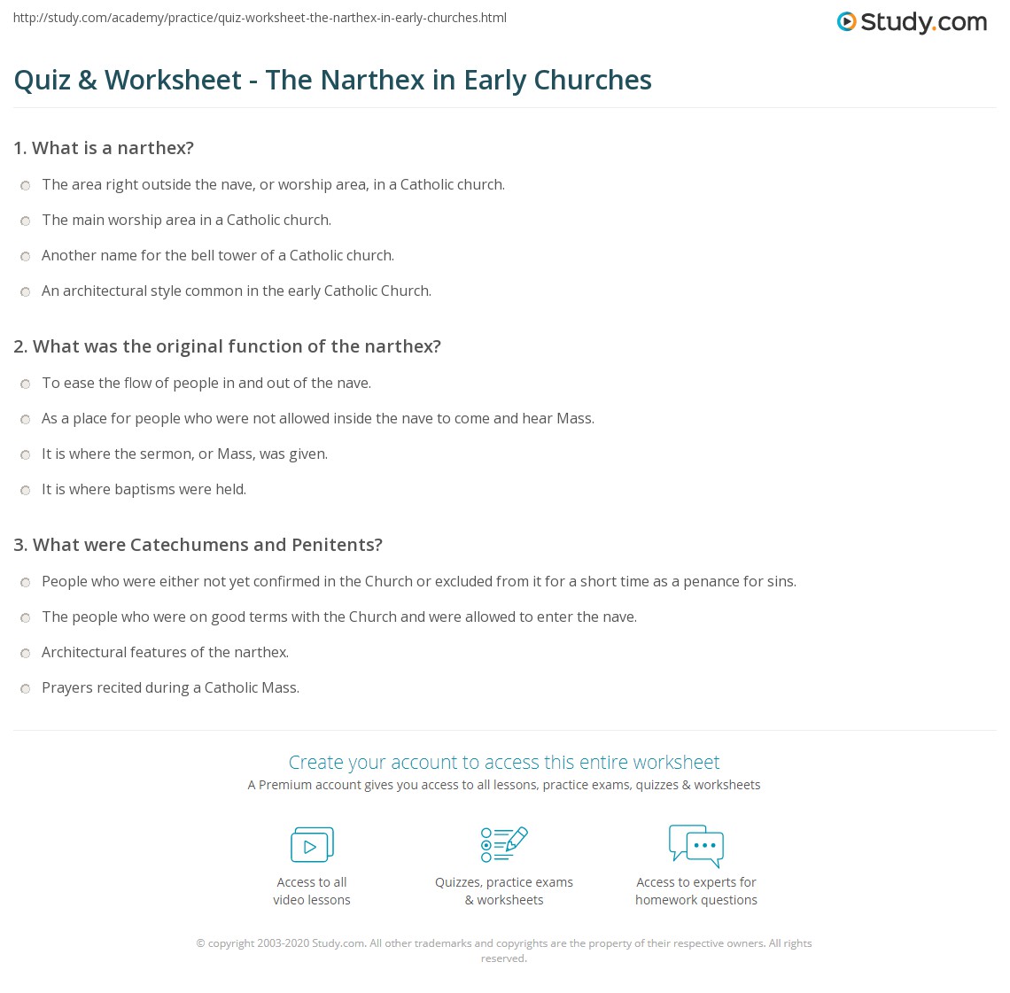 Quiz & Worksheet - The Narthex in Early Churches | Study.com