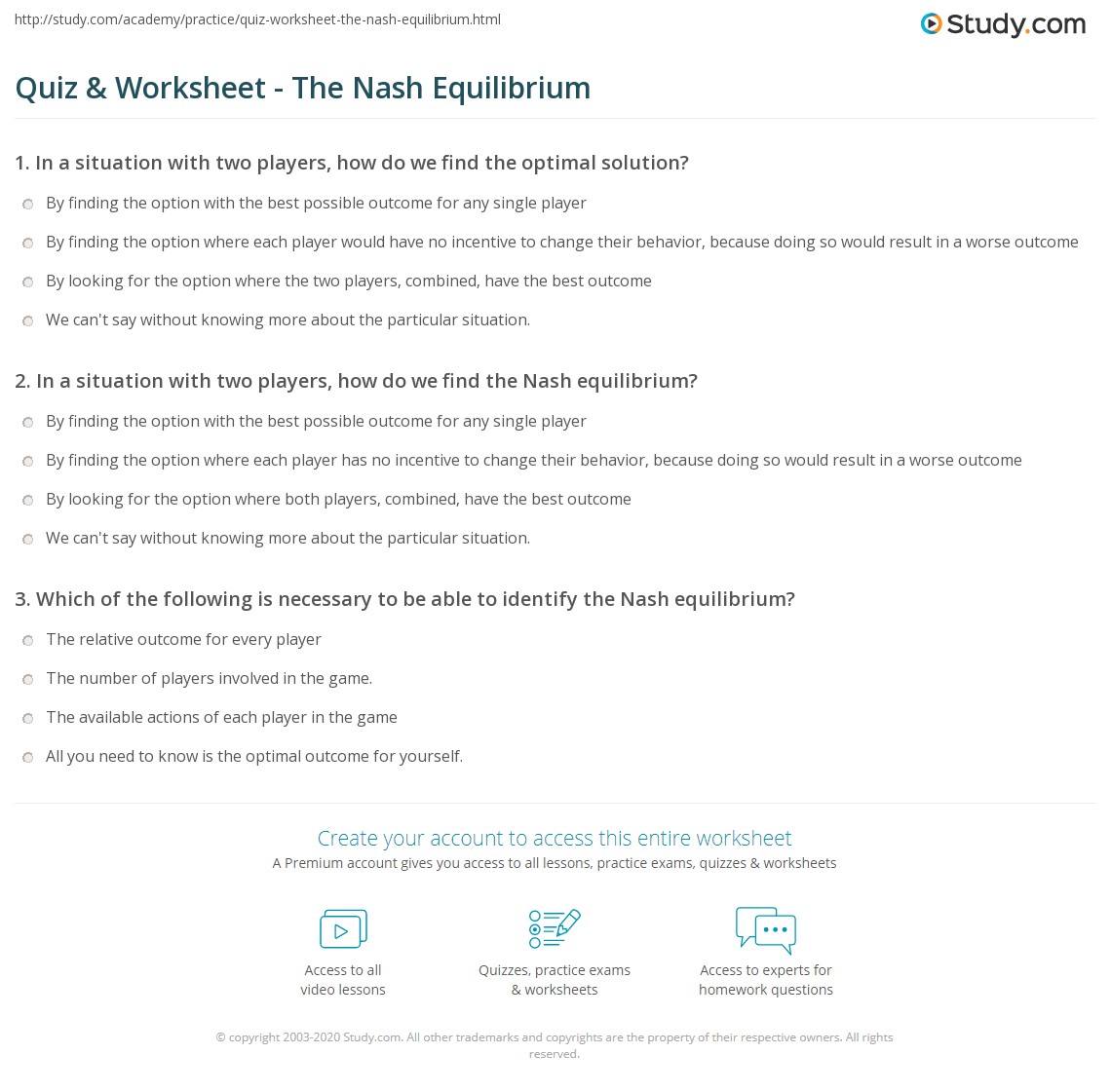Quiz & Worksheet - The Nash Equilibrium | Study.com