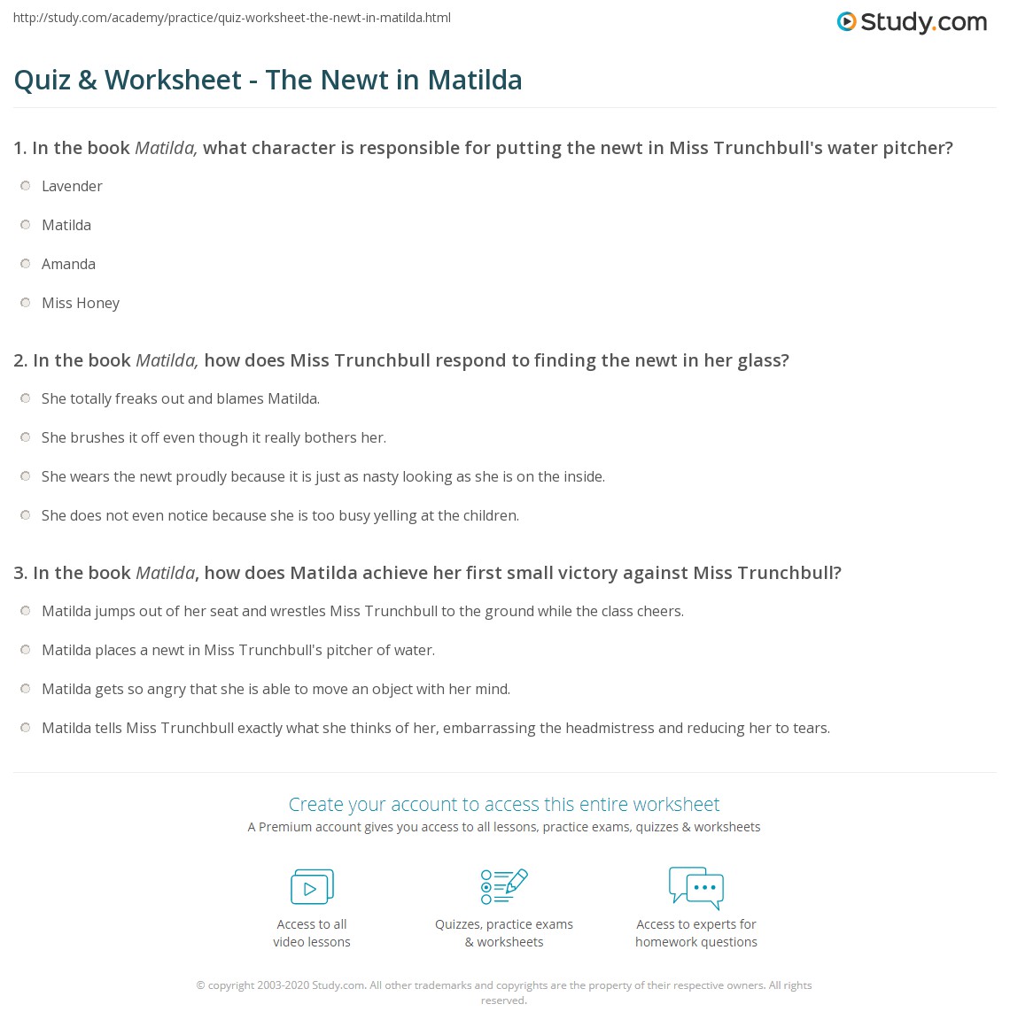 Quiz & Worksheet - The Newt in Matilda | Study.com
