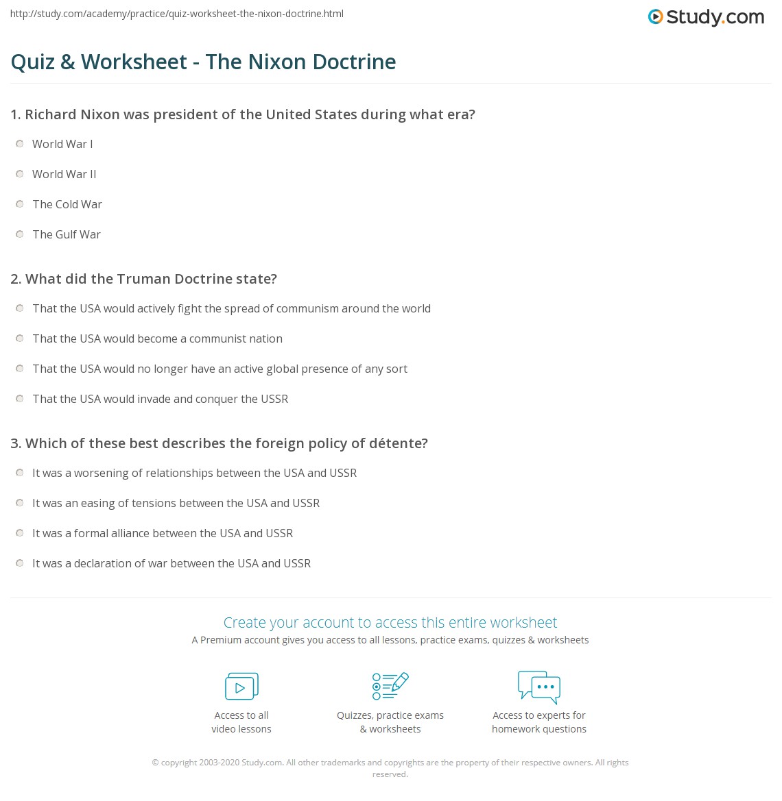 Quiz & Worksheet - The Nixon Doctrine | Study.com