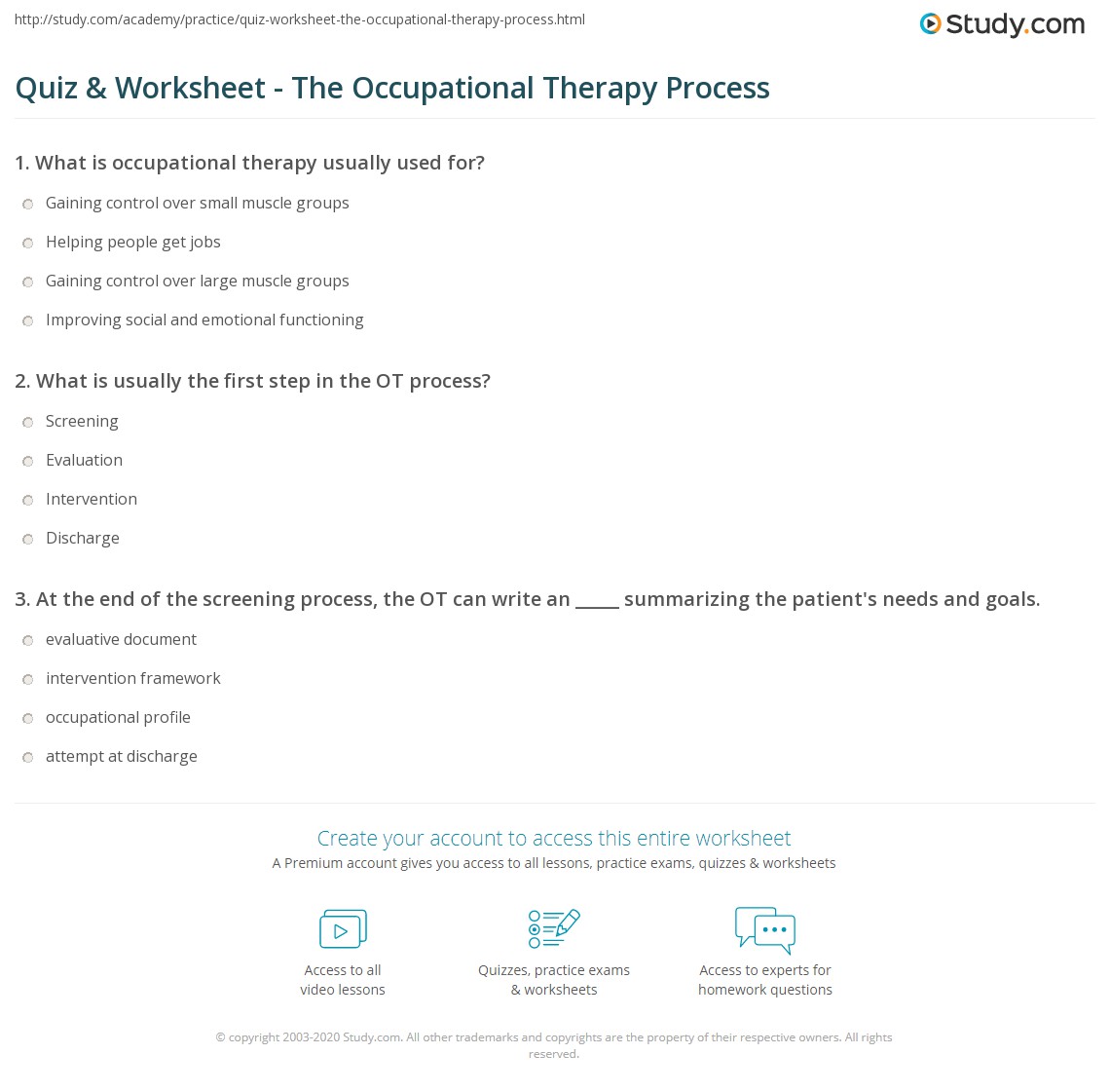 Quiz & Worksheet - The Occupational Therapy Process | Study.com