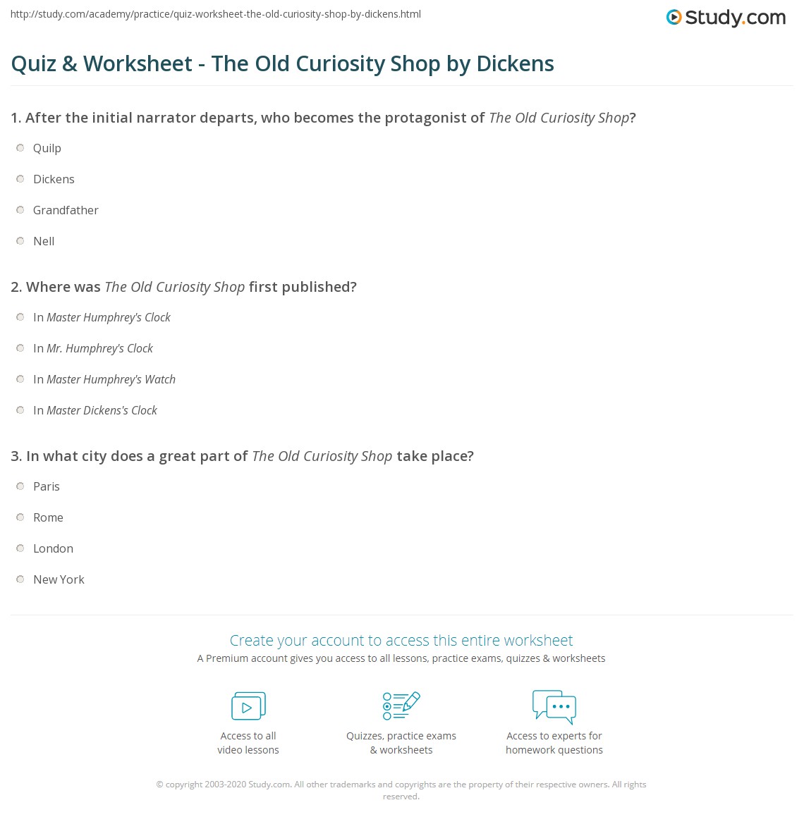 Quiz & Worksheet - The Old Curiosity Shop by Dickens | Study.com