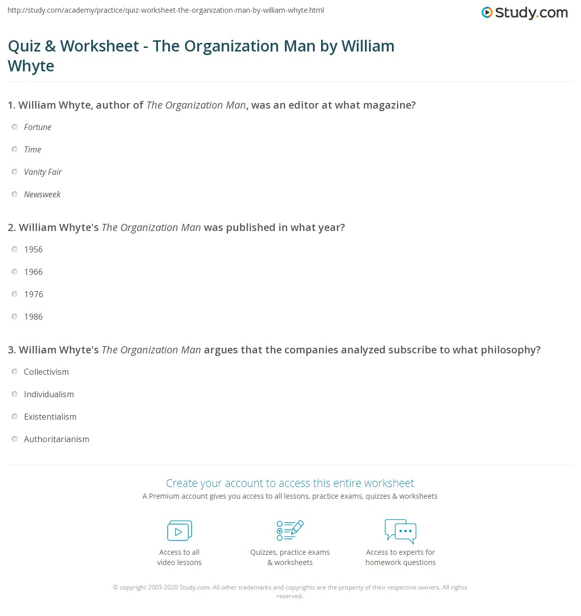 Quiz & Worksheet - The Organization Man by William Whyte | Study.com