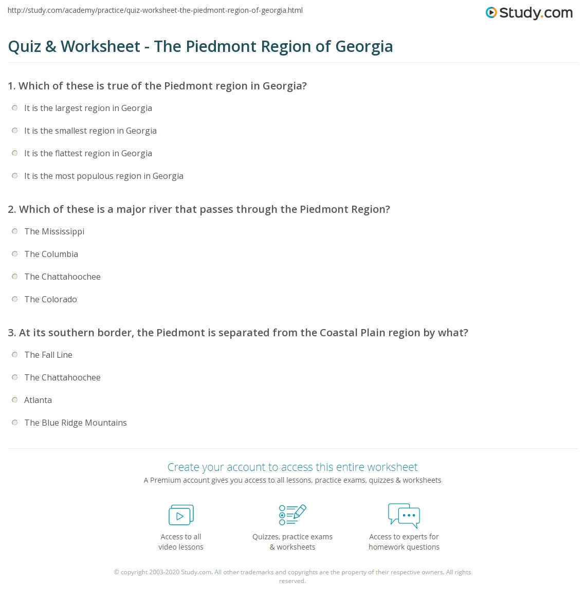 Quiz & Worksheet - The Piedmont Region of Georgia | Study.com