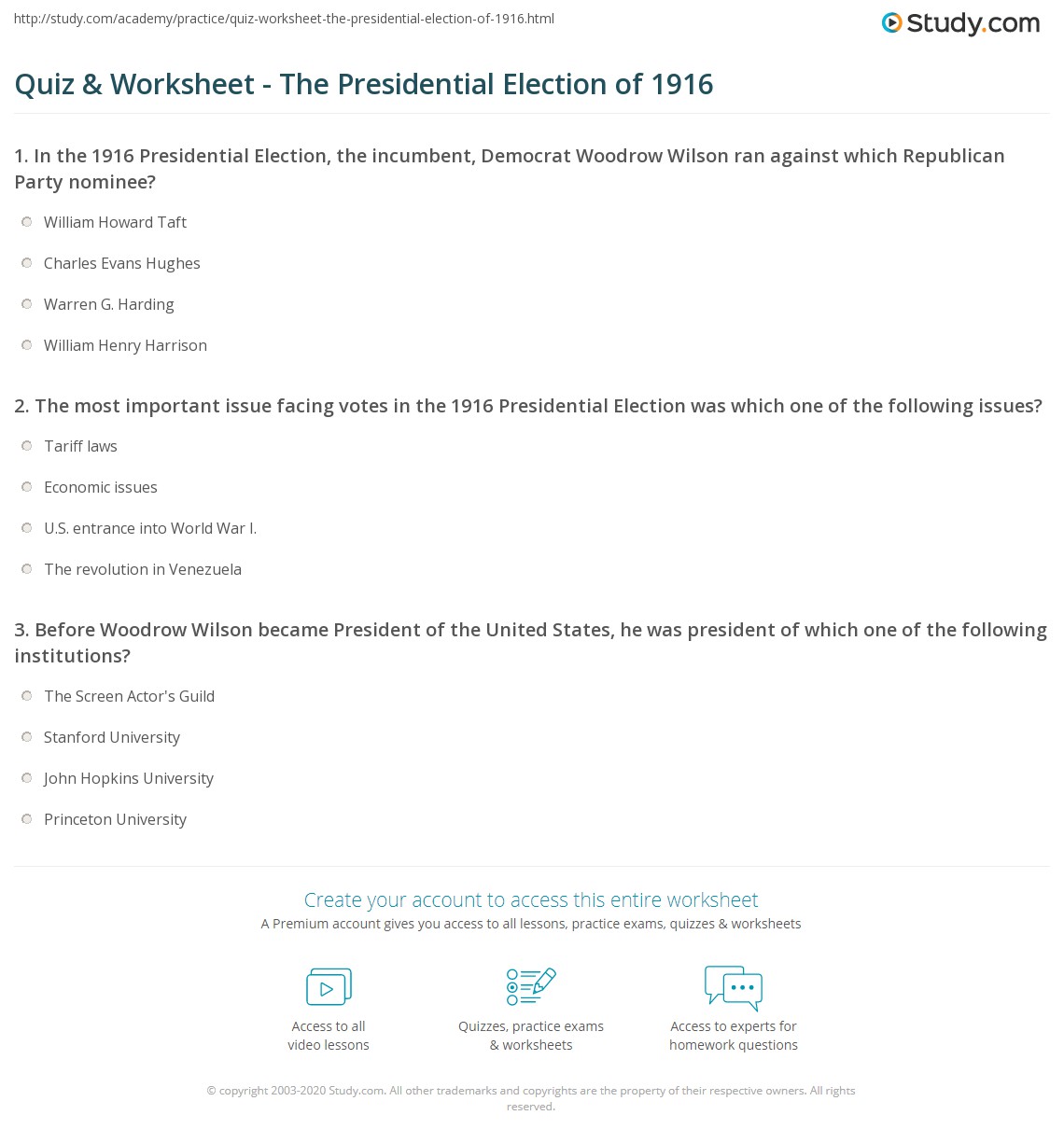 Quiz & Worksheet - The Presidential Election of 1916 | Study.com