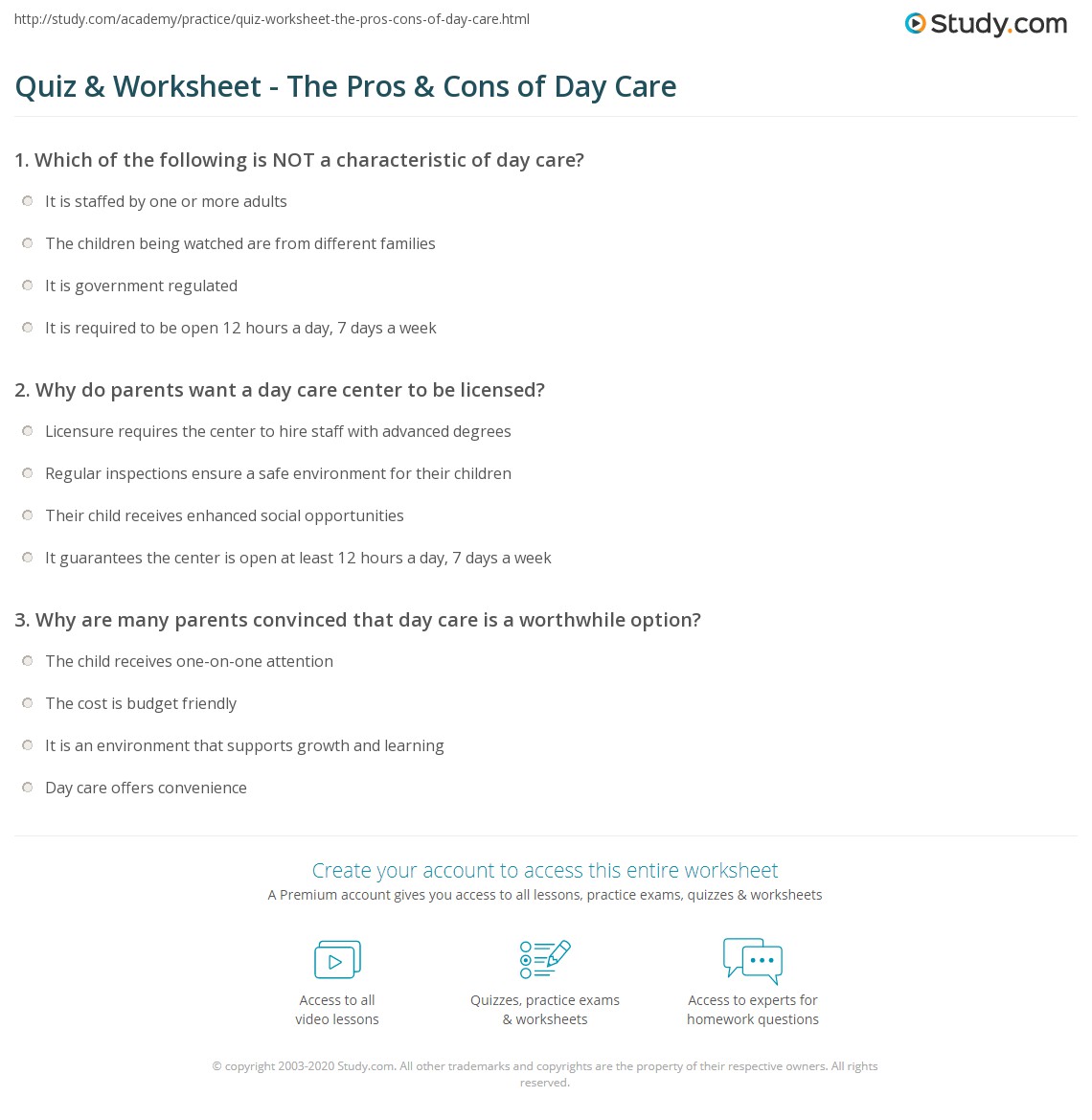 Quiz & Worksheet - The Pros & Cons of Day Care | Study.com