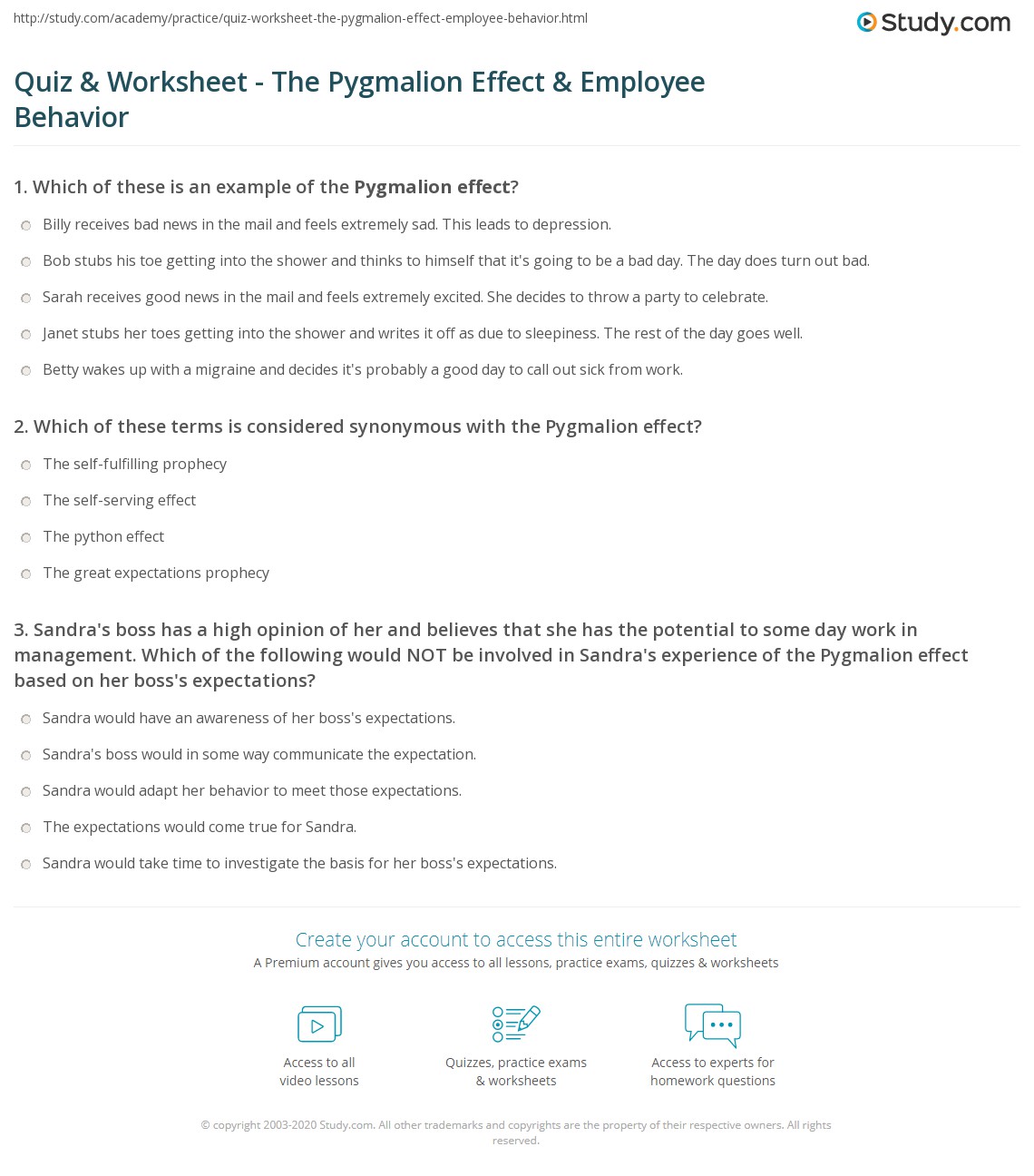 Quiz & Worksheet - The Pygmalion Effect & Employee Behavior | Study.com