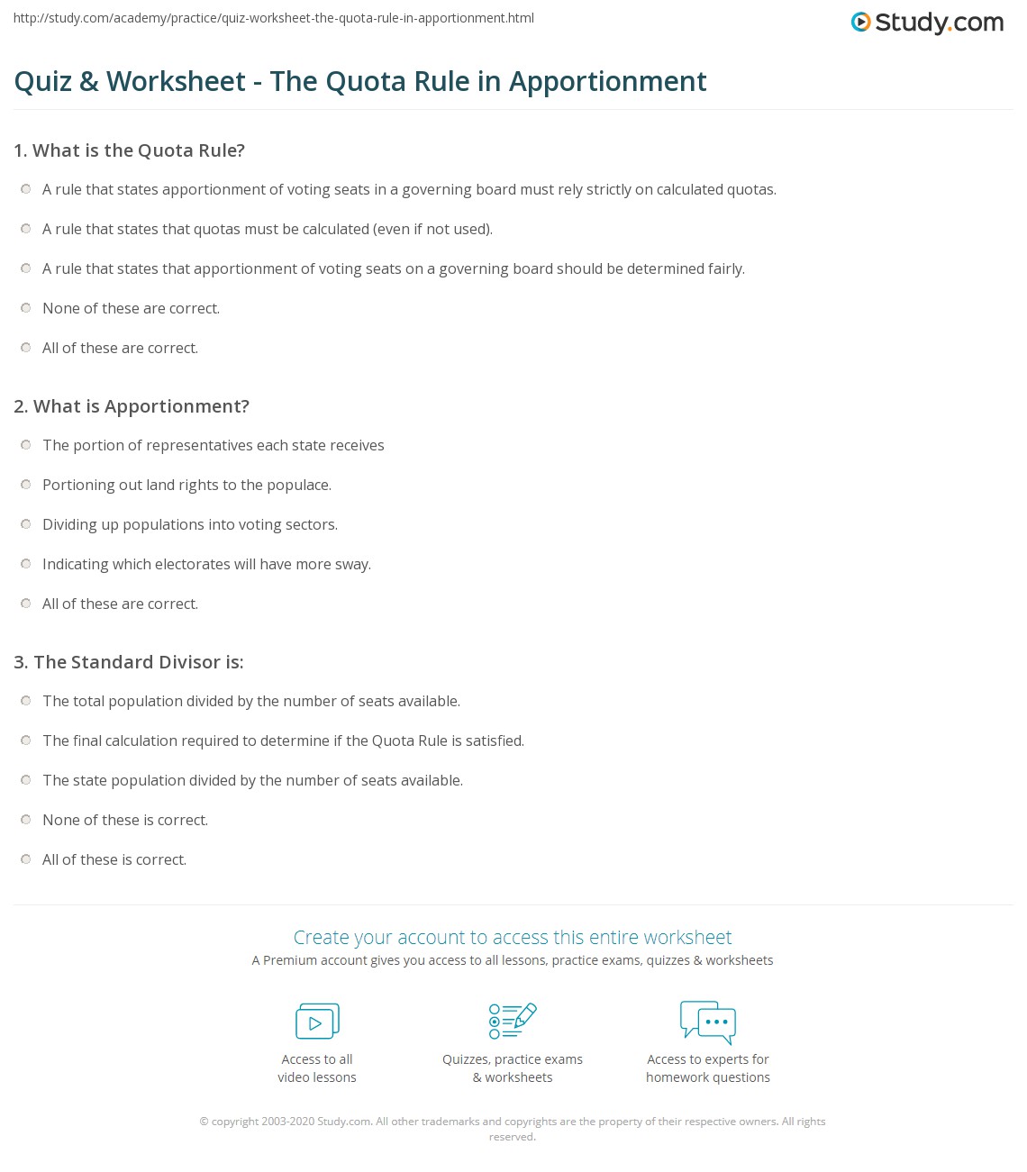 Quiz & Worksheet - The Quota Rule in Apportionment | Study.com