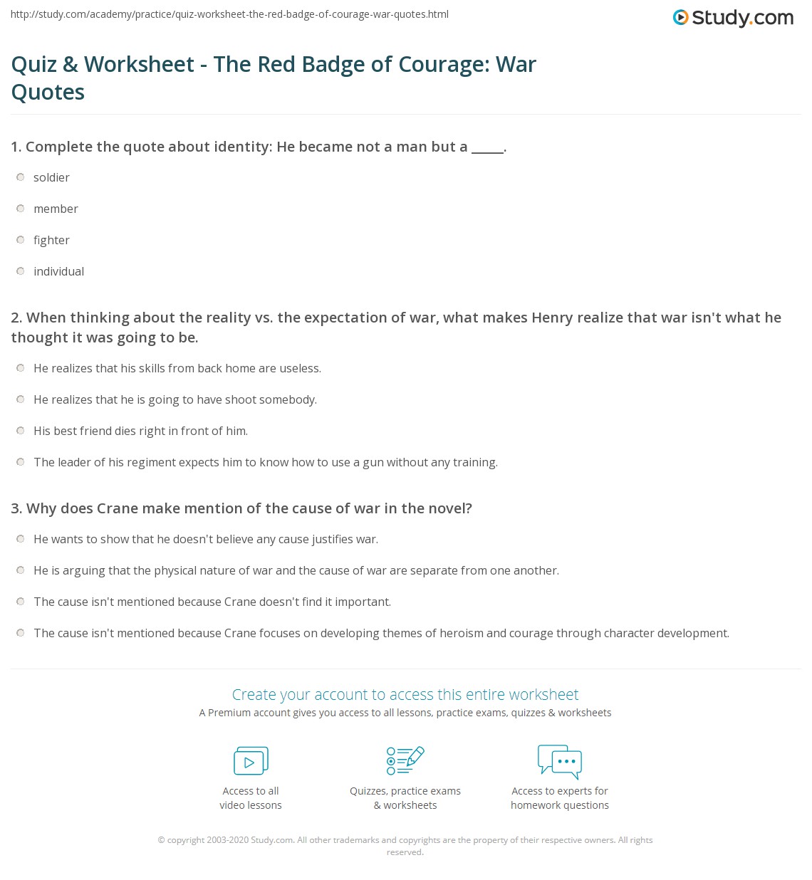 Quiz & Worksheet - The Red Badge of Courage: War Quotes | Study.com