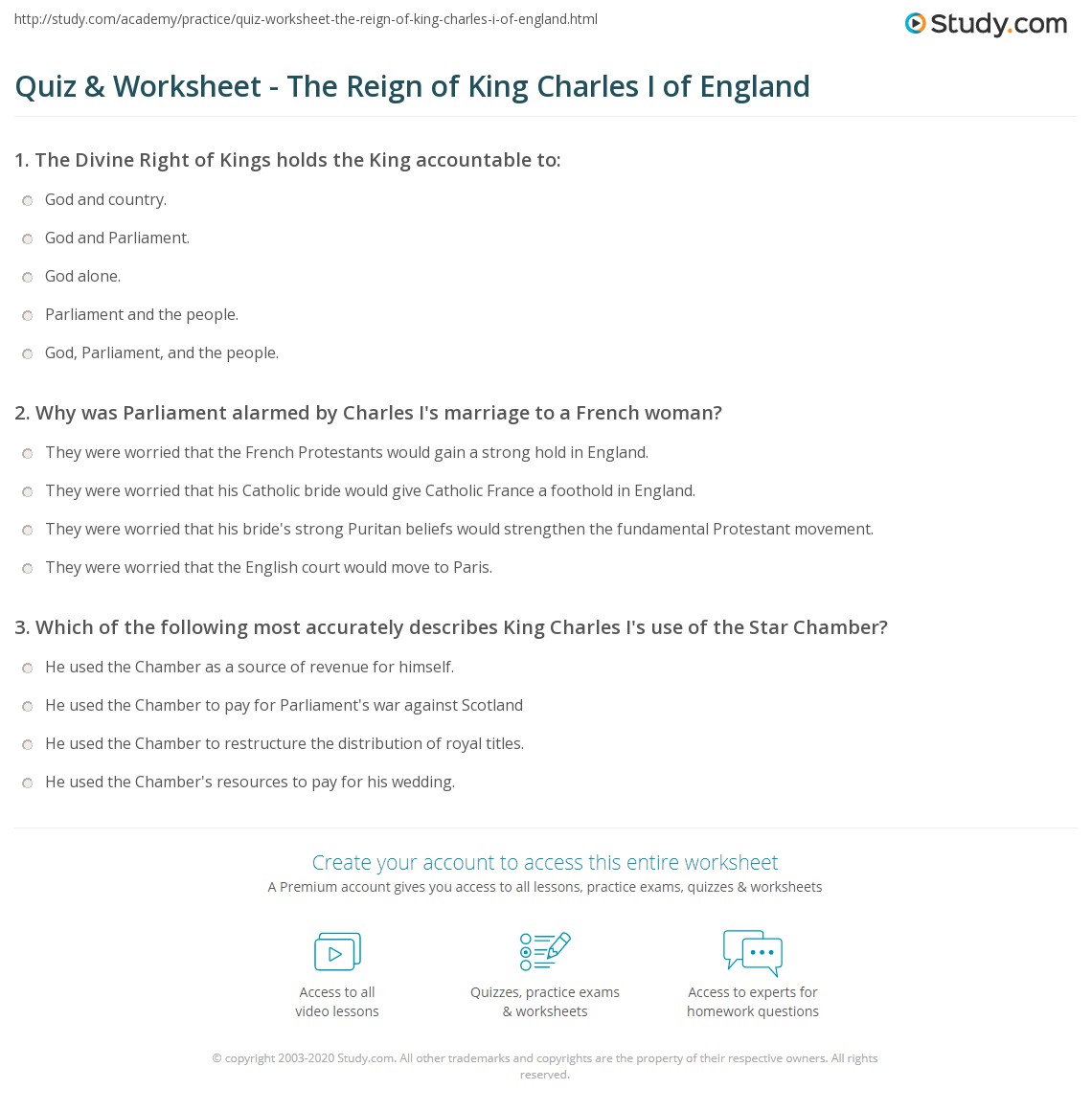 Quiz & Worksheet - The Reign of King Charles I of England | Study.com