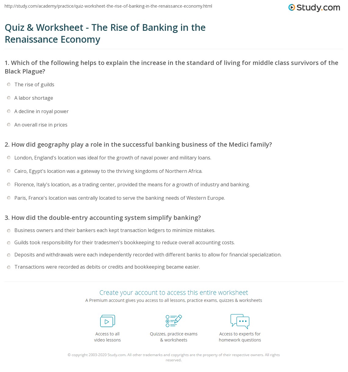 Quiz & Worksheet - The Rise of Banking in the Renaissance Economy ...