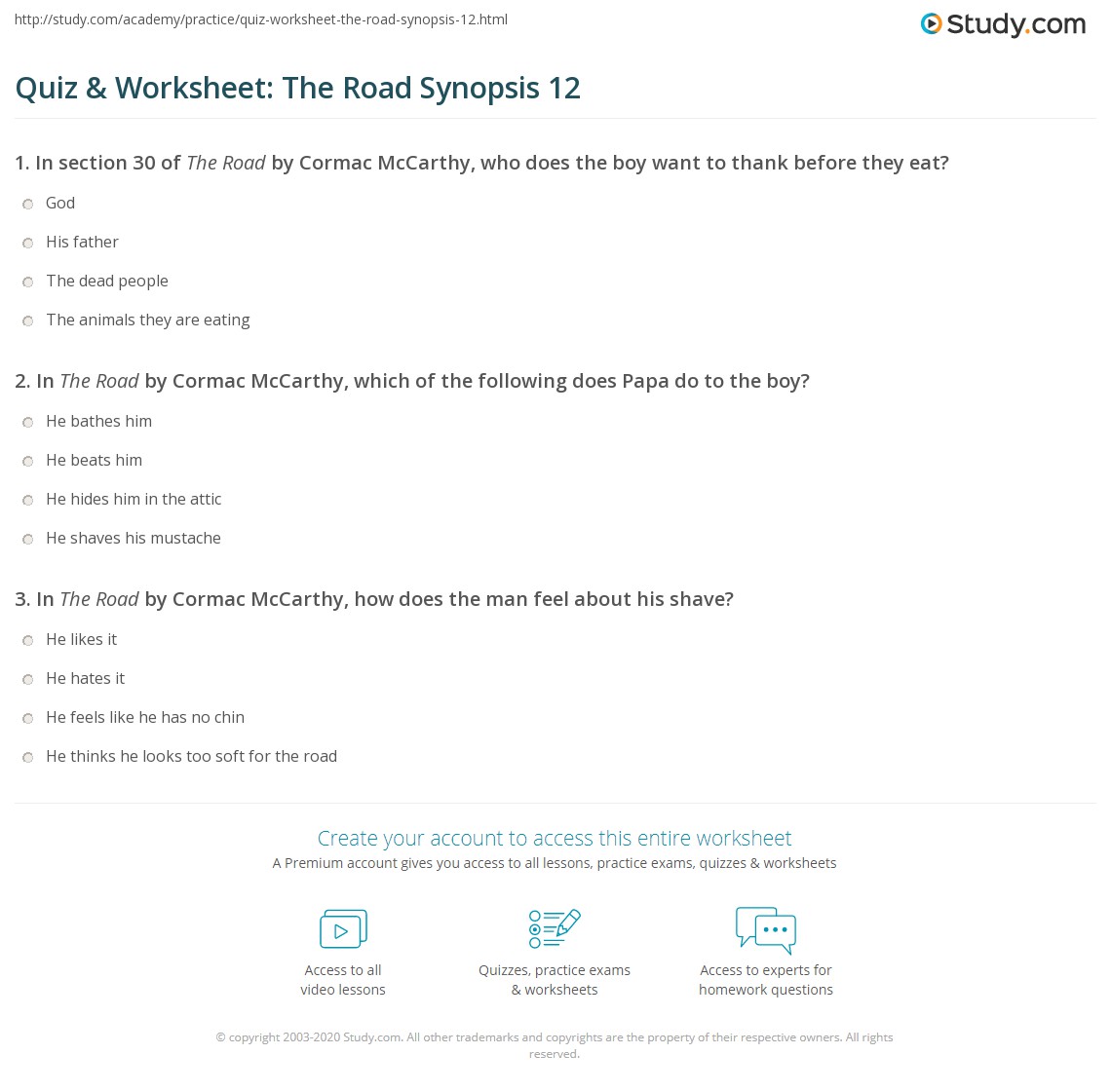 Quiz & Worksheet: The Road Synopsis 12 | Study.com