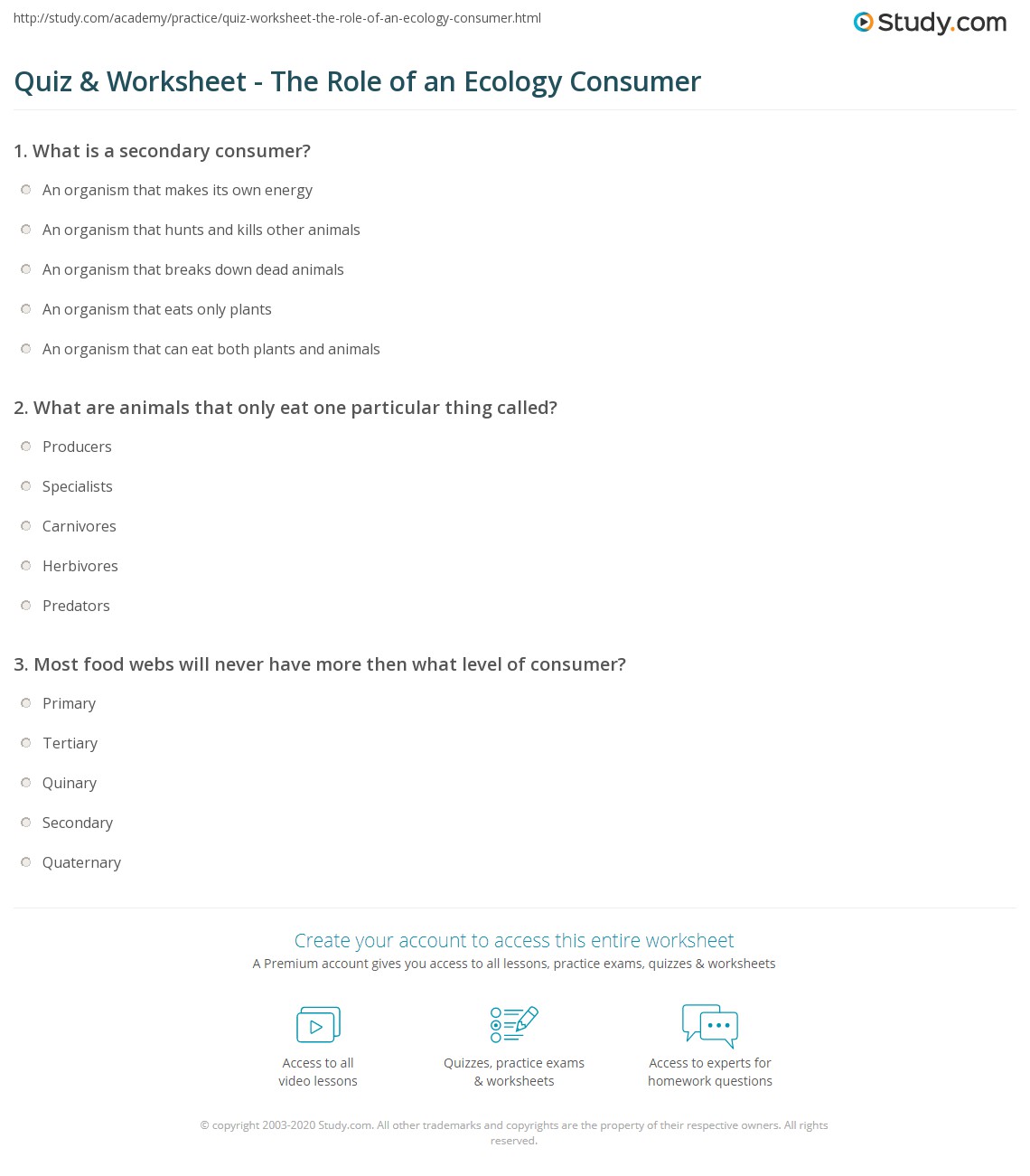 Quiz & Worksheet - The Role of an Ecology Consumer | Study.com