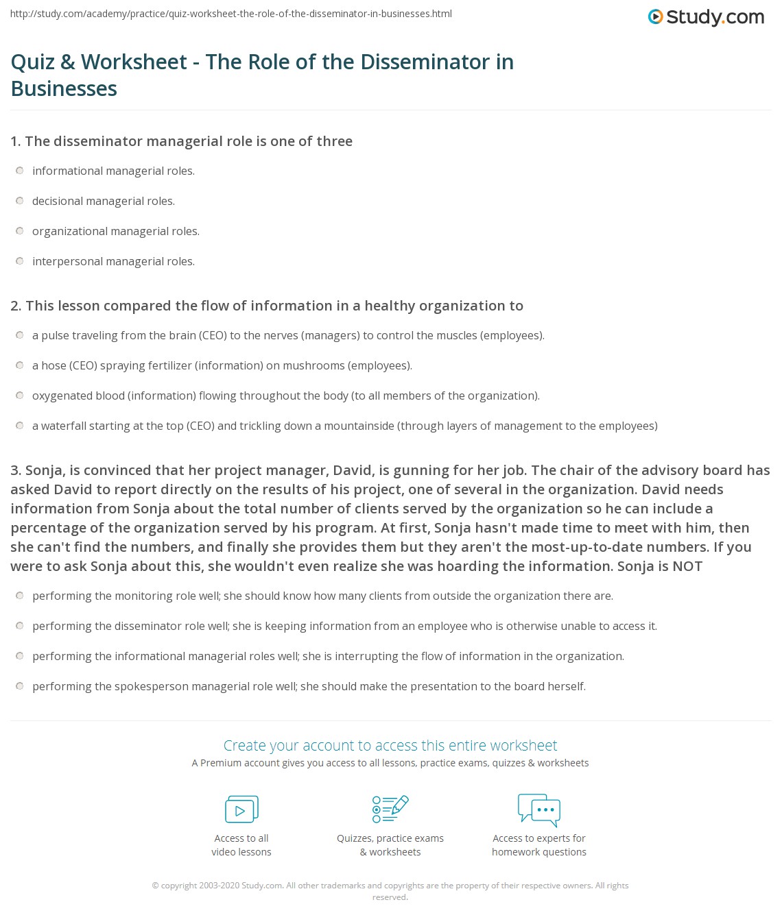 Quiz & Worksheet - The Role of the Disseminator in Businesses | Study.com