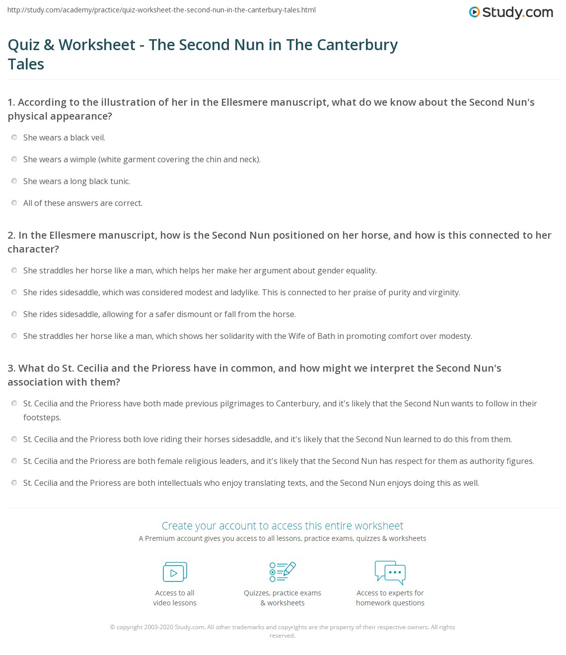 Quiz & Worksheet - The Second Nun in The Canterbury Tales | Study.com