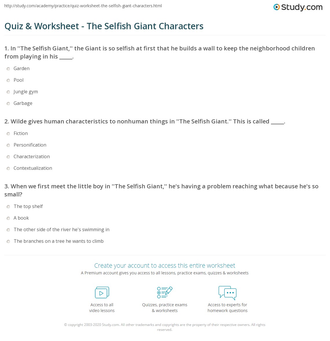 Quiz & Worksheet - The Selfish Giant Characters | Study.com