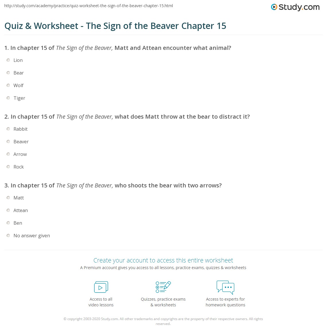 Quiz & Worksheet - The Sign of the Beaver Chapter 15 | Study.com